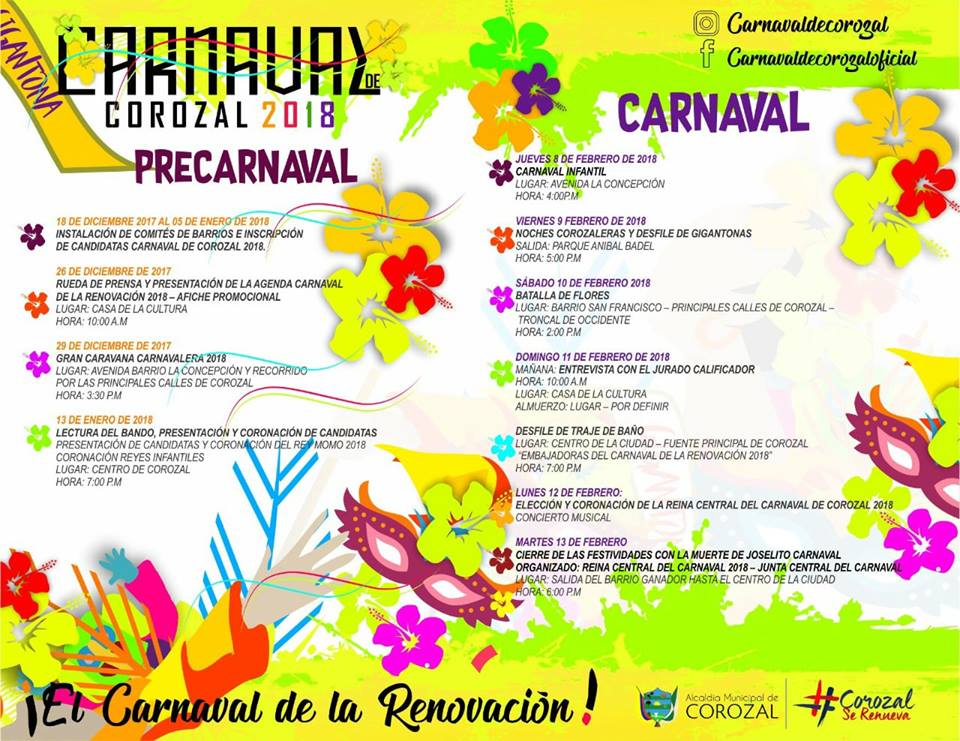 Programación Oficial Carnaval de Corozal 2018 con información de ...